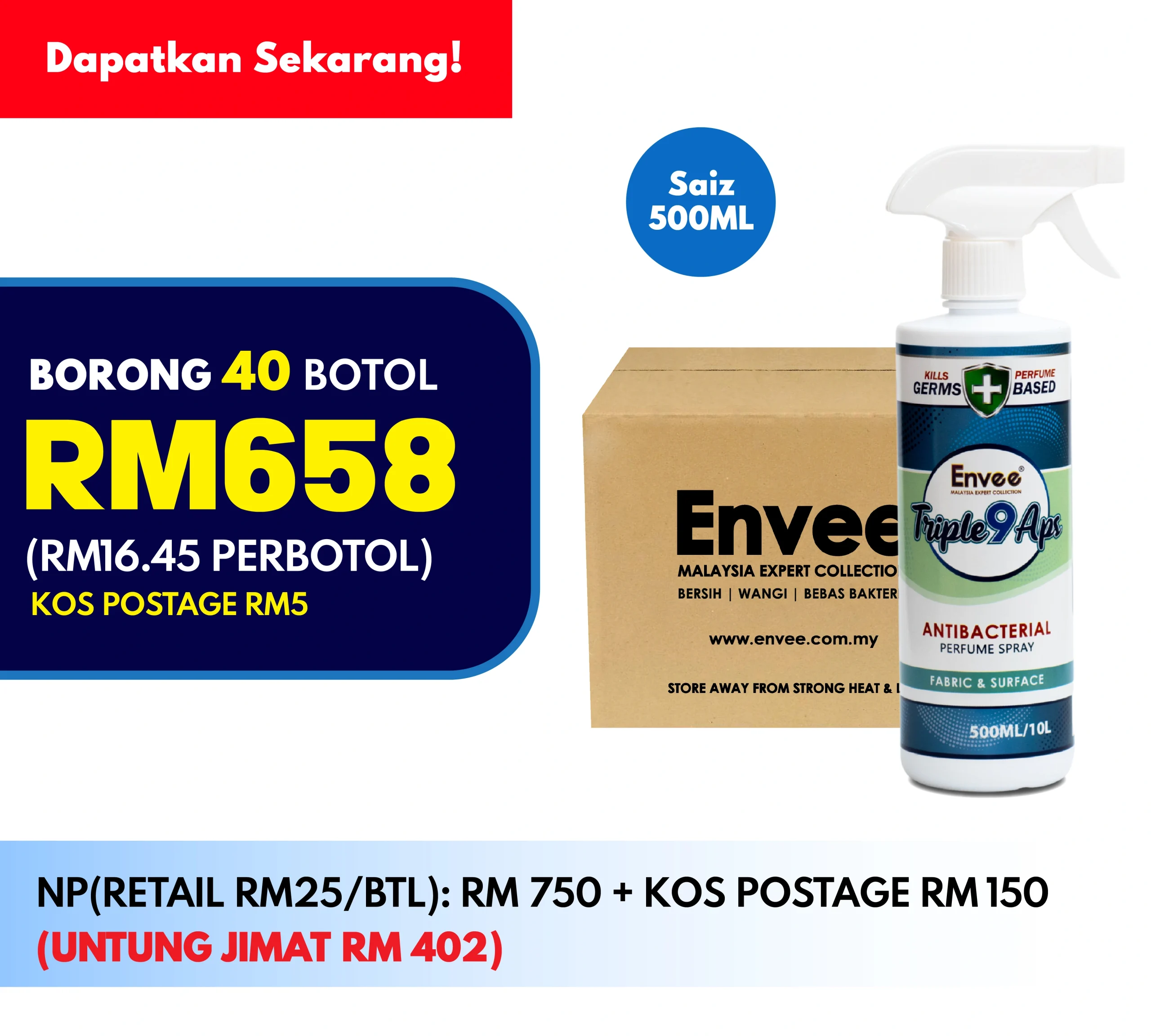 Borong 40 Botol Triple9 Aps Antibacterial Parfume 500ml - Envee